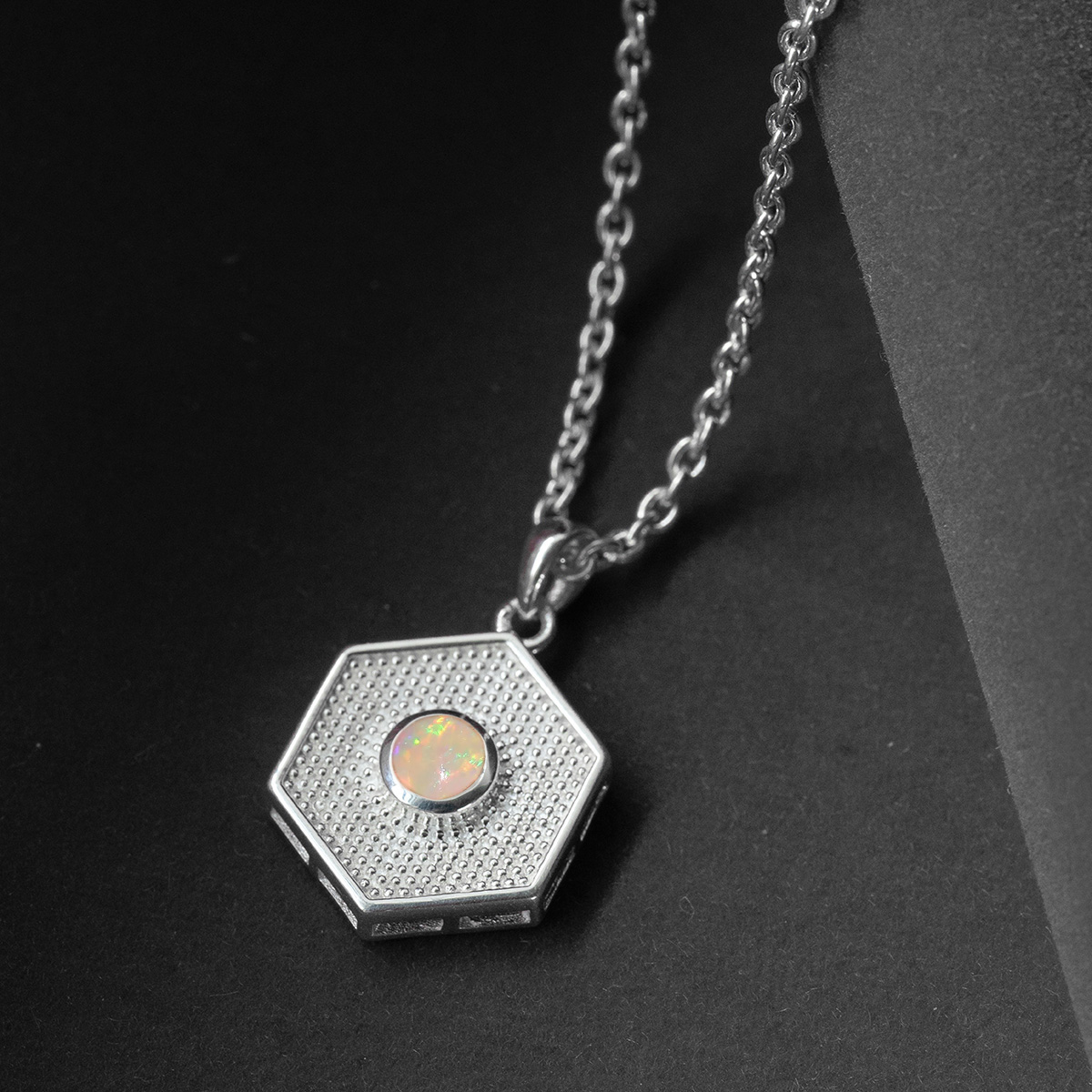 Hexagonal Opal Silver Men's Pendant